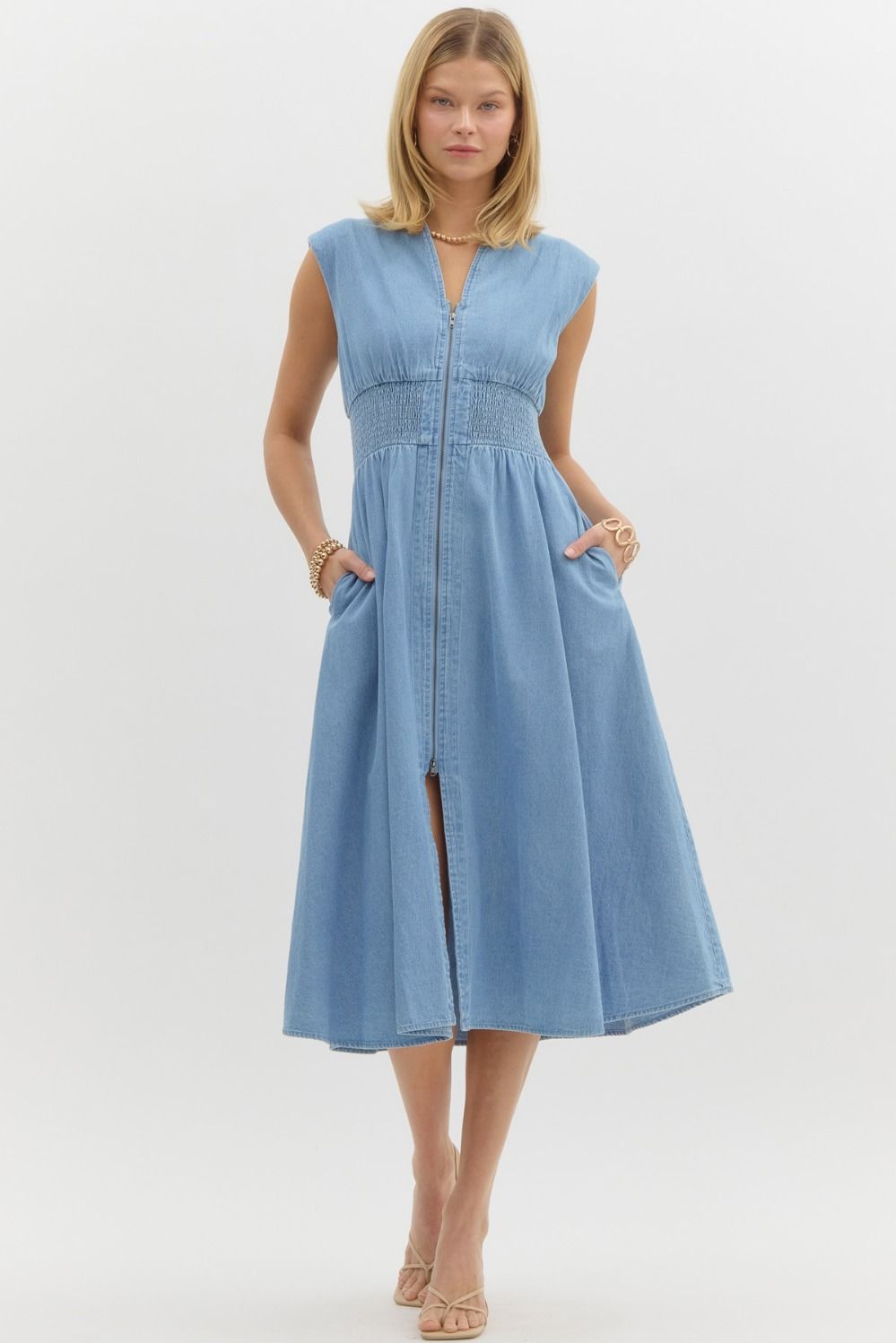 Light Blue Denim Sleeveless Midi Dress W Pockets Magnolia Too Boutique 2767