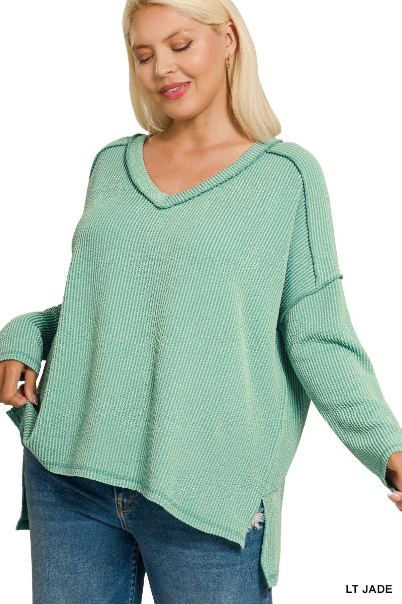 Curvy Light Jade Raised Rib Long Sleeve Hi-low V Neck Top Final Sale ...