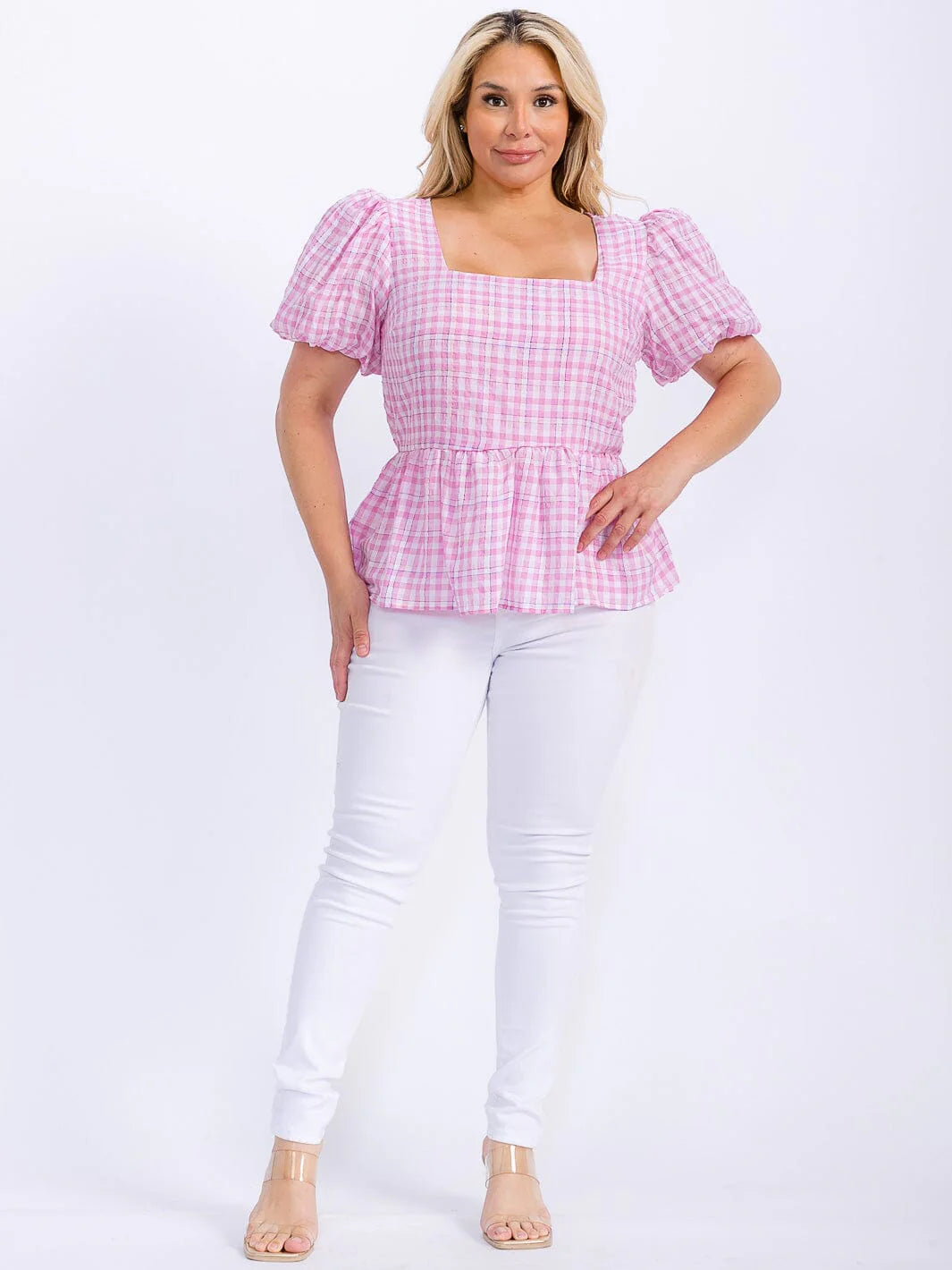 CURVY PINK SHORT PUFF SLEEVE SQUARE NECK PLAID PEPLUM BLOUSE – Magnolia ...