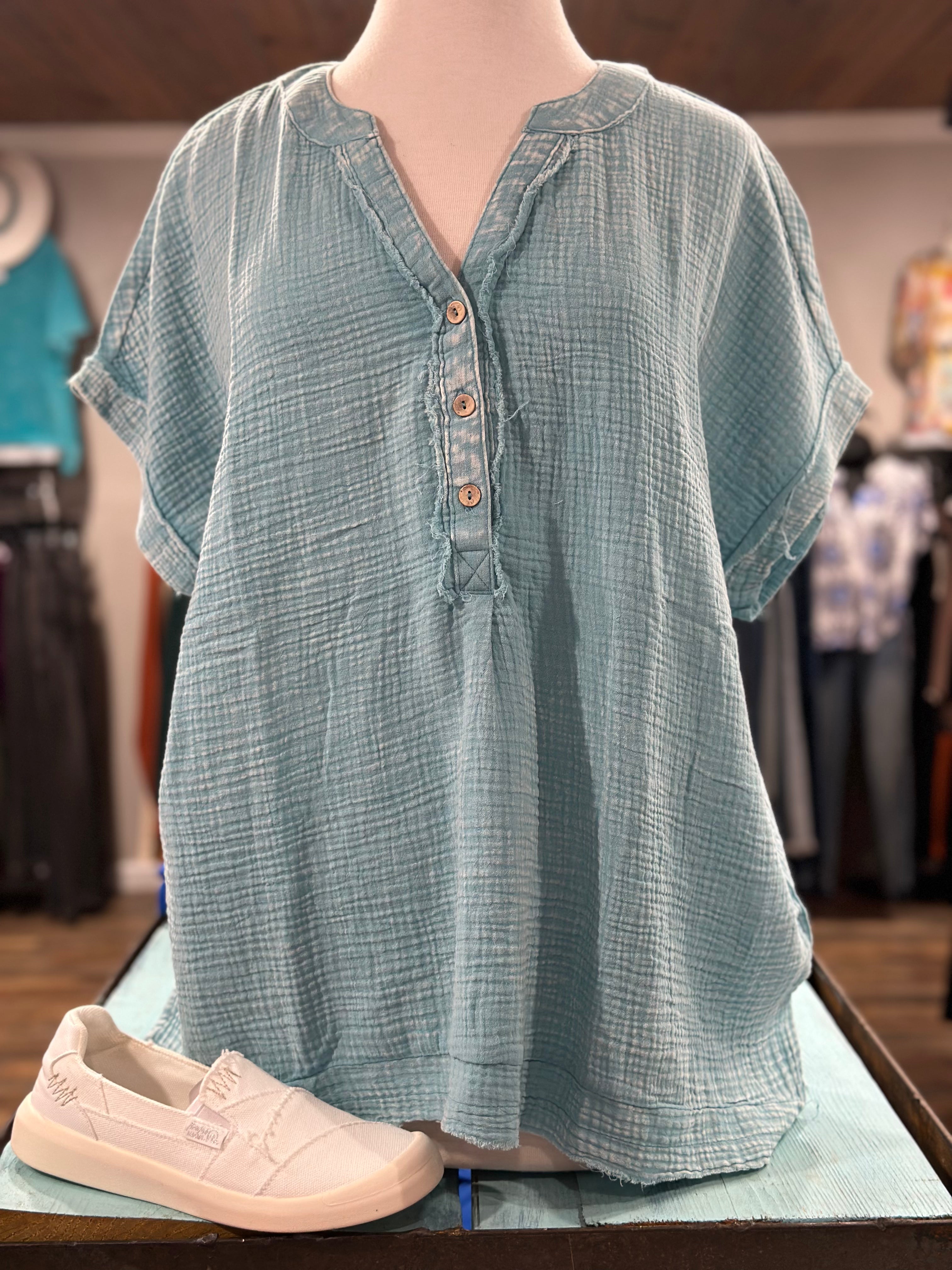 CURVY DUSTY TEAL WASHED DOUBLE GAUZE 3/4 BUTTON HENLEY NECK SHIRT Fina ...